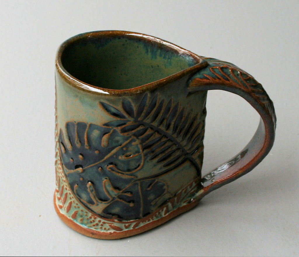 Tropical Foliage Pottery Ceramic Mug Selloum Philodendron Handmade Art ...